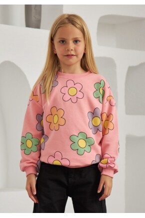 KIZ RENKLİ YAZILI ÇİÇEK DESENLİ SWEATSHİRT